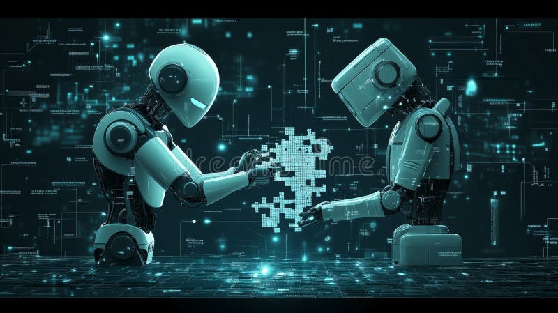 Two Futuristic Robots Assembling a Digital Puzzle in a Cyber World ...