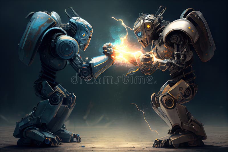 Two Futuristic Robots Battle, Exchanging Blows with Their Mechanical ... Two Futuristic Robots Battle, Exchanging Blows with Their Mechanical ...