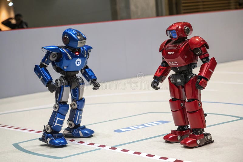 Two Futuristic Robots before Match in Blue and Red Color Stock ...