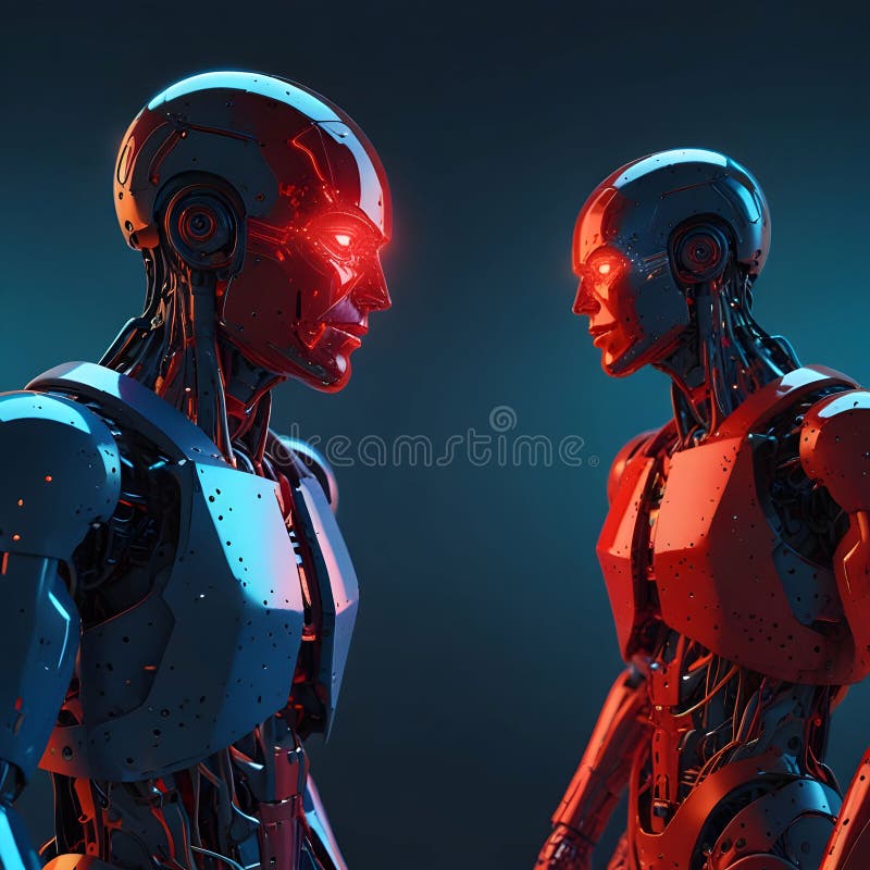 Two Futuristic Robots, One Blue and One Red, Face Off before a Match ...