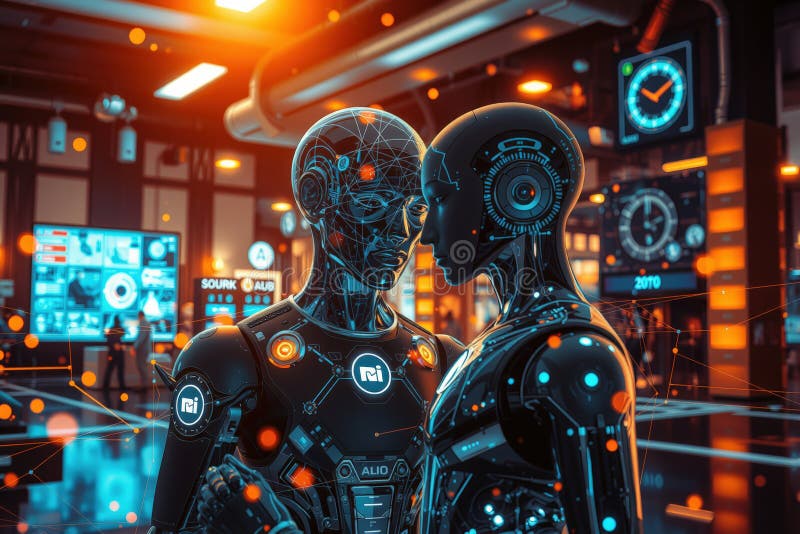 Two Futuristic Robots Stand Face To Face in High Tech Control Room, Surrounded by Glowing ...