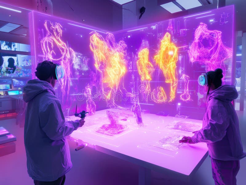 Two Gamers in VR Suits Interact with a Vibrant Virtual Environment ...