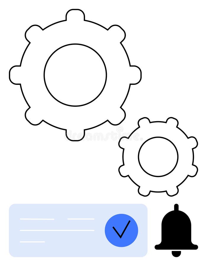 Two Gears, Notification Bell, and UI Task Element with a Blue Checkmark ...