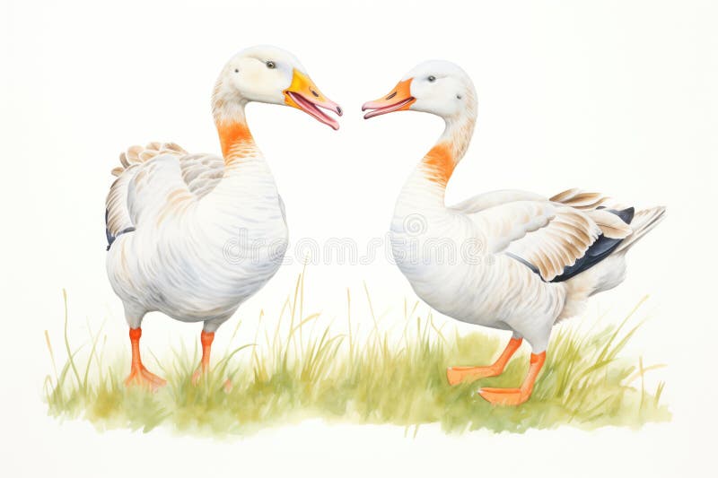 Two Geese Honking in Unison on Grass Field Stock Illustration ...
