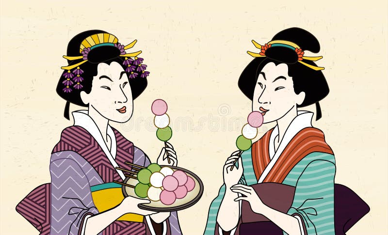 Two Geisha Eating Mitarashi Dango Stock Vector - Illustration of geisha ...