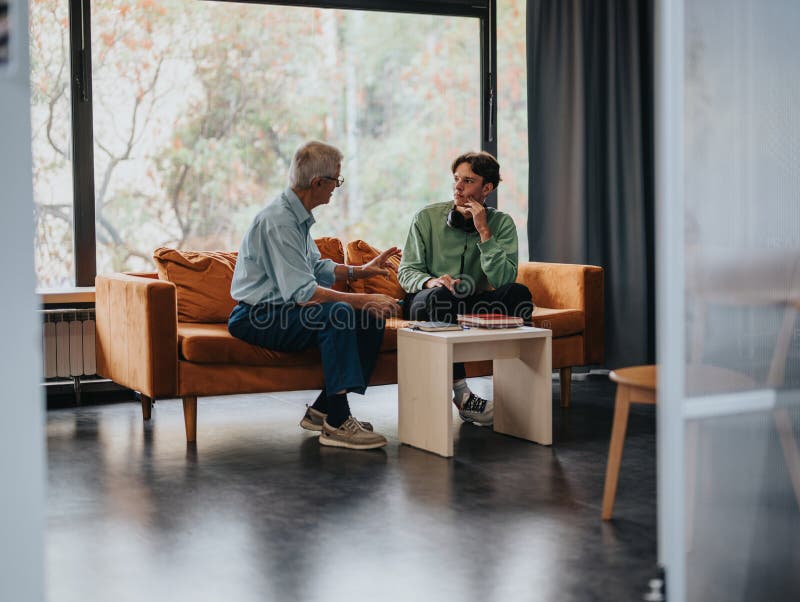 Two Generations Engaged in Thoughtful Conversation Indoors Stock Photo ...