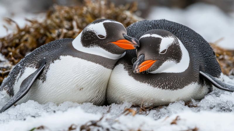 Two Gentoo Penguins Huddle Together in the Snow Stock Illustration ...