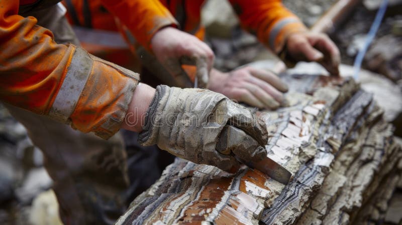 Two Geologists Work Together To Carefully Slice a Core Sample in Half ...