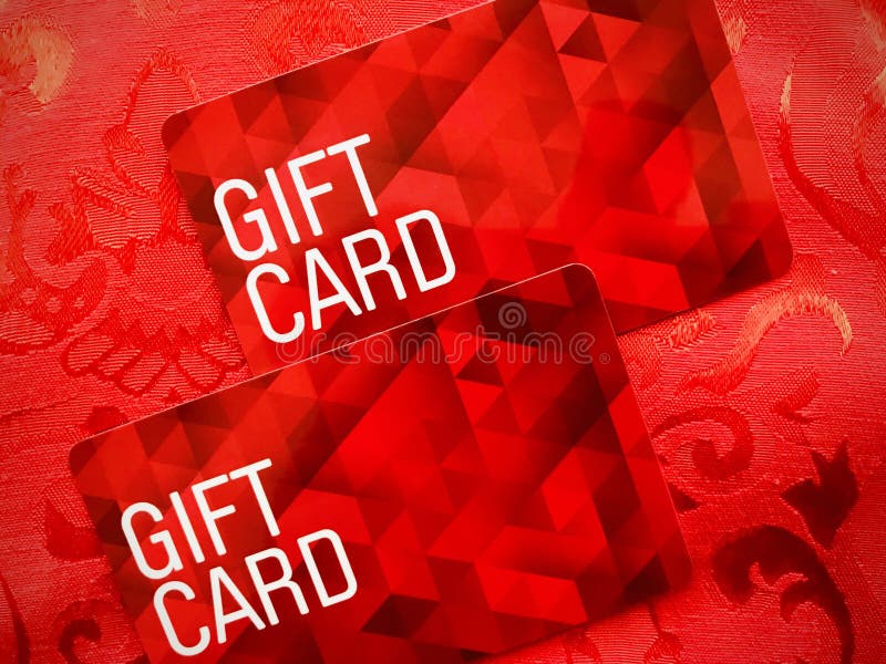 Two Red Gift Card on Red Jacquard Satin Background. Stock Image - Image ...