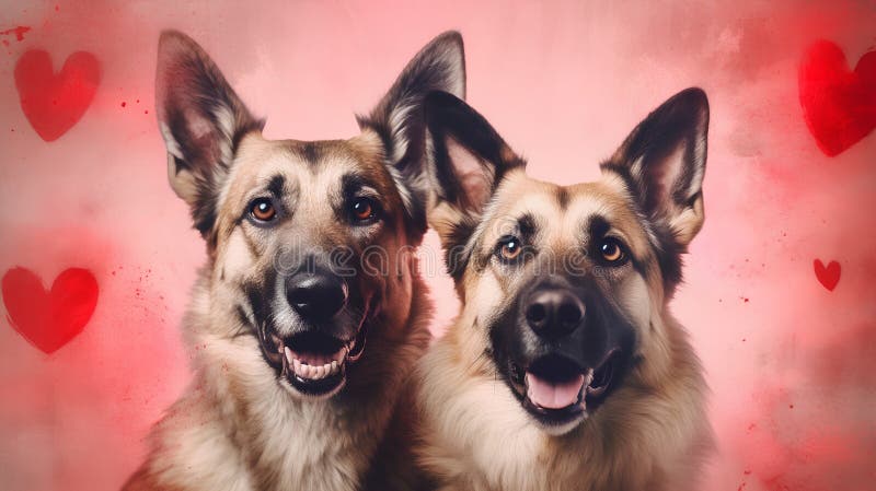 Two German Shepherds on a Pink Background with Red Hearts Stock ...