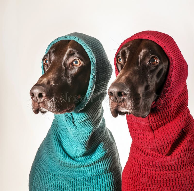 Two German Shorthaired Pointer Dogs Wearing Red and Teal Balaclavas ...
