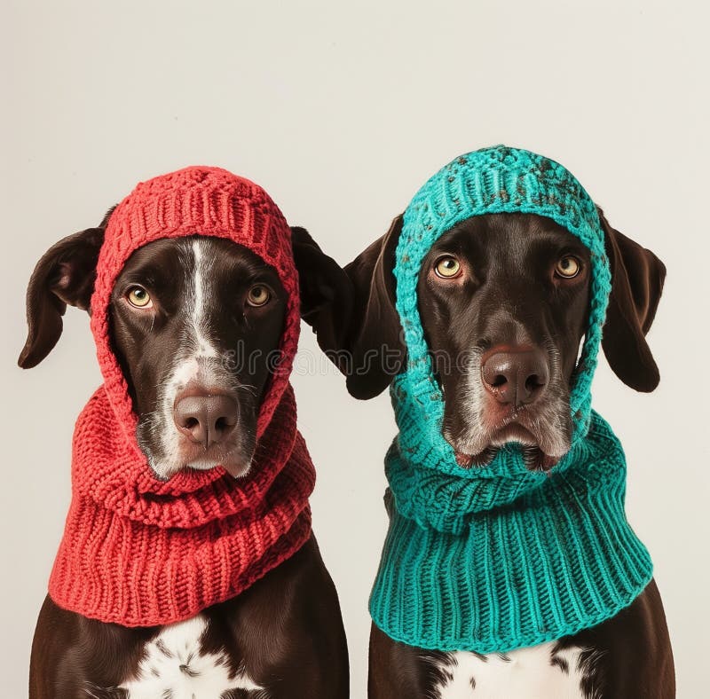 Two German Shorthaired Pointer Dogs Wearing Red and Teal Balaclavas ...