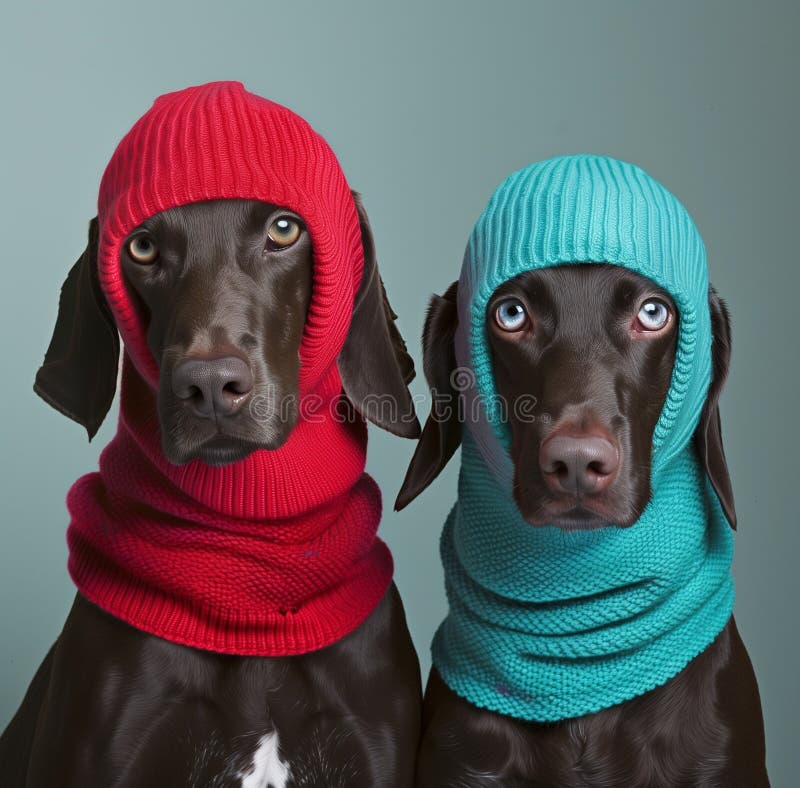 Two German Shorthaired Pointer Dogs Wearing Red and Teal Balaclavas ...
