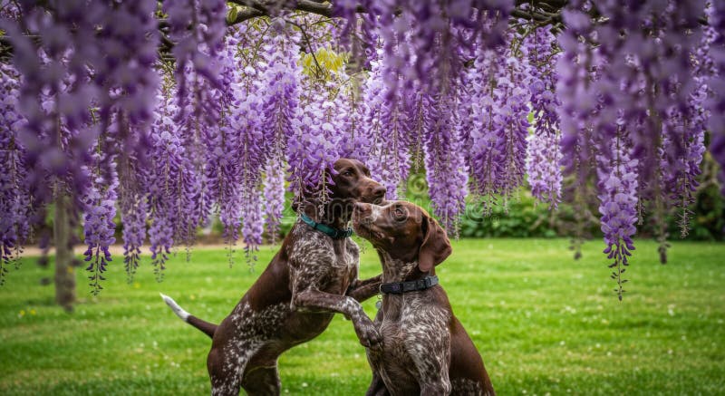 Two German Shorthaired Pointers Playing Under Wisteria Stock ...