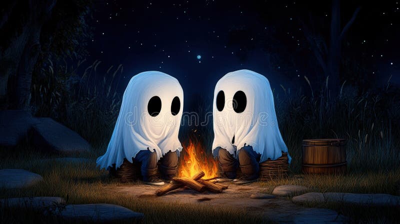 Two Ghost Characters by a Campfire Night Scene with Stars and Trees ...