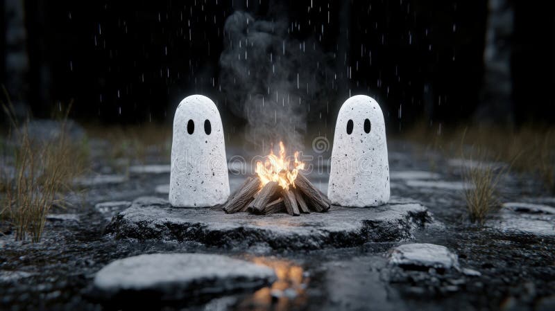 Two Ghost Figures beside a Campfire in a Mystical Setting Dark and ...
