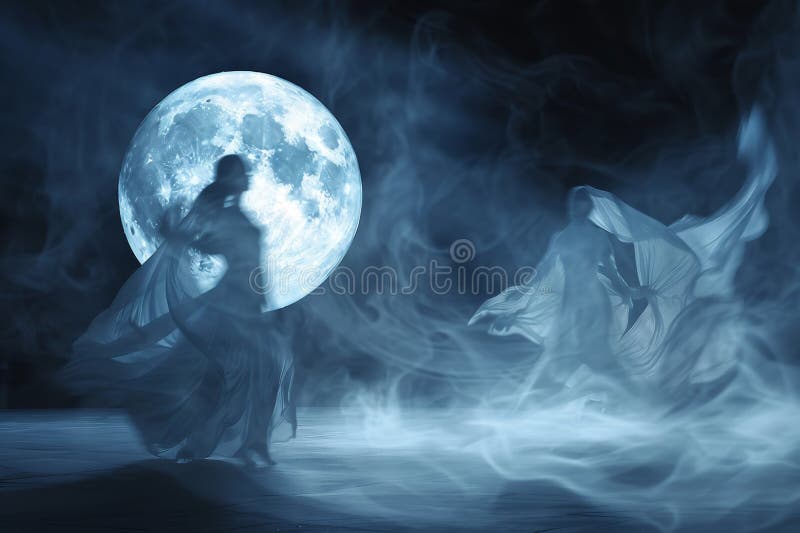 Two Ghostly Figures Dance Under a Full Moon, Their White Robes ...