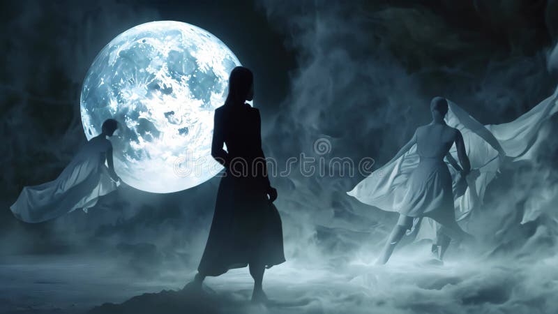 Two Ghostly Figures Dance Under a Full Moon, Their White Robes ...