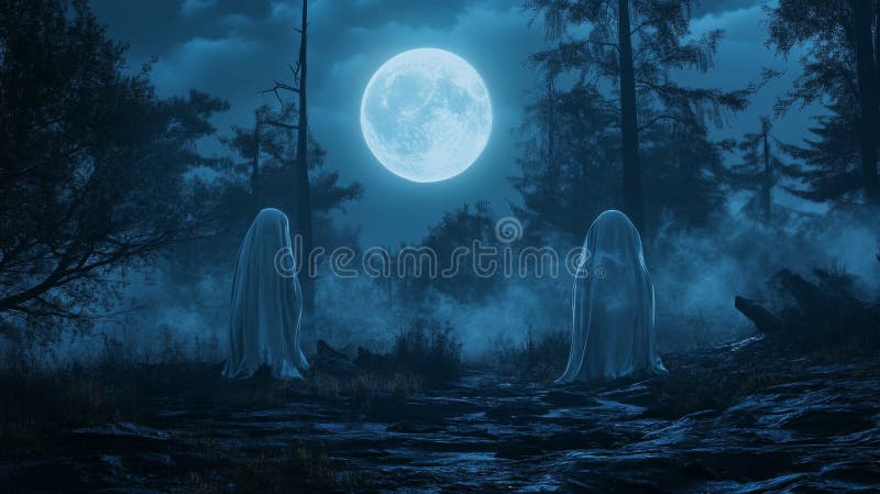 Two Ghostly Figures in a Foggy Forest Under a Full Moon Stock ...