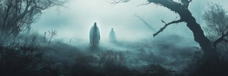 Two Ghostly Figures Stand in a Dense Fogfilled Forest Their Forms ...