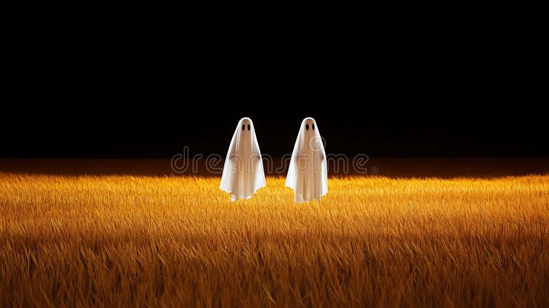 Two Ghosts Floating in a Haunted Field at Night Stock Illustration ...