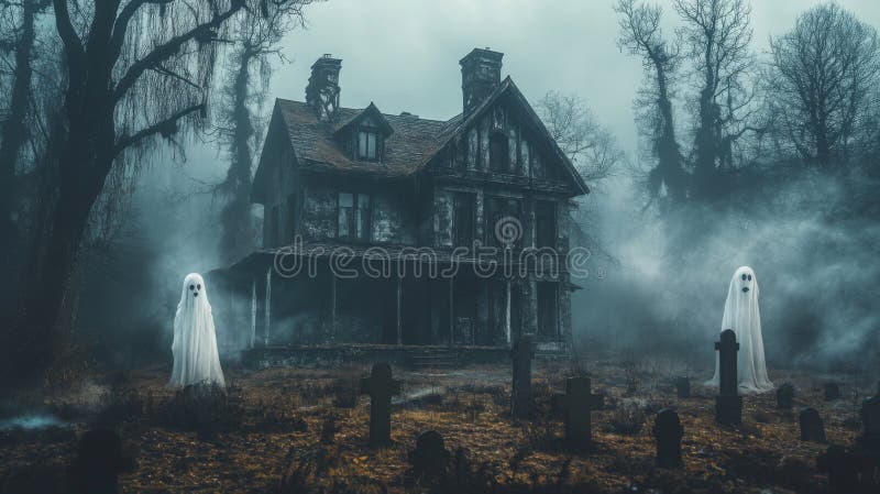 Two Ghosts Haunt a Spooky Old House in a Foggy Forest Stock ...
