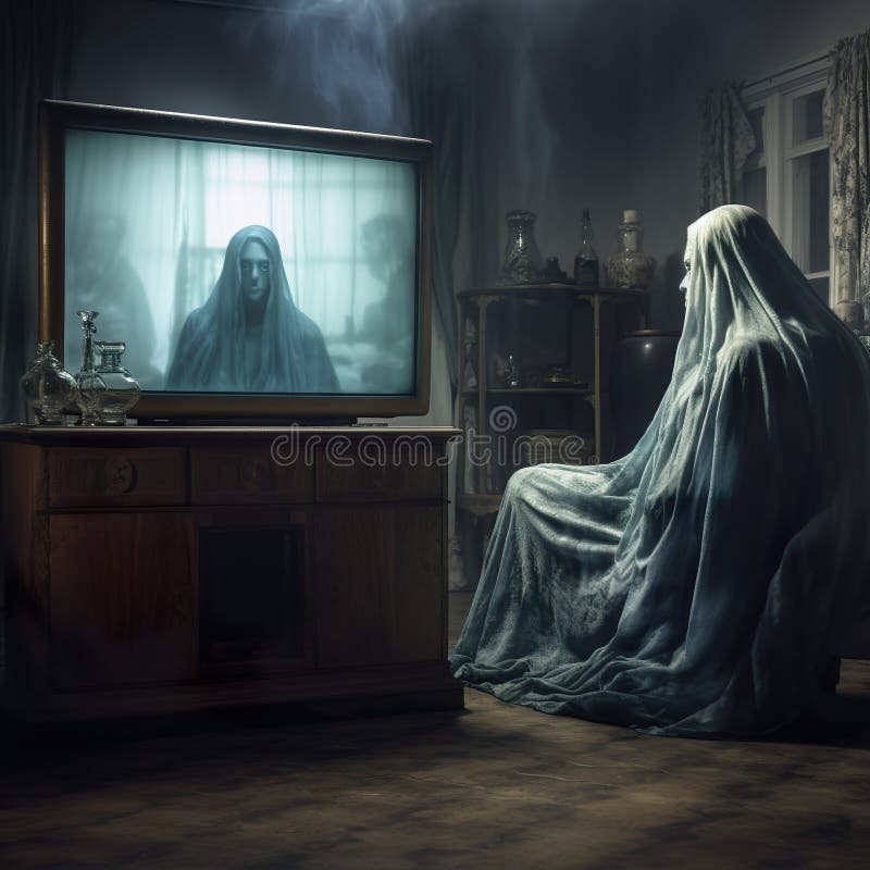Two Ghosts, One of Them Sitting Next To a TV, Where the Other Ghost is ...