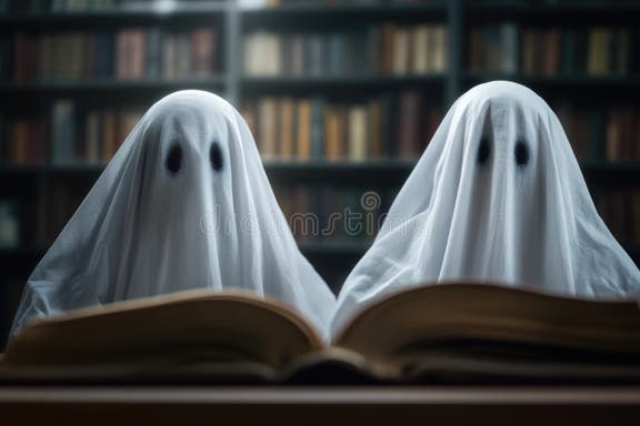 Two Ghosts Reading a Book in Library Study Session with Spooky ...