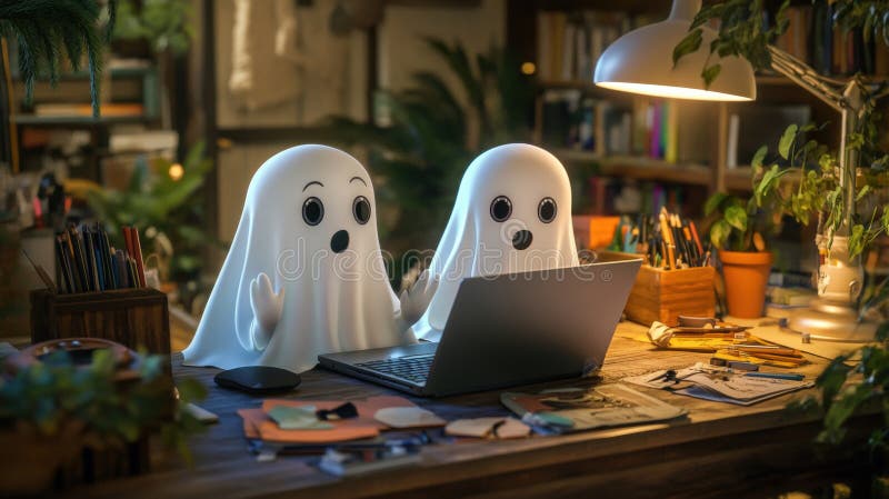 Two Ghosts are Sitting on a Desk with a Laptop Stock Illustration ...