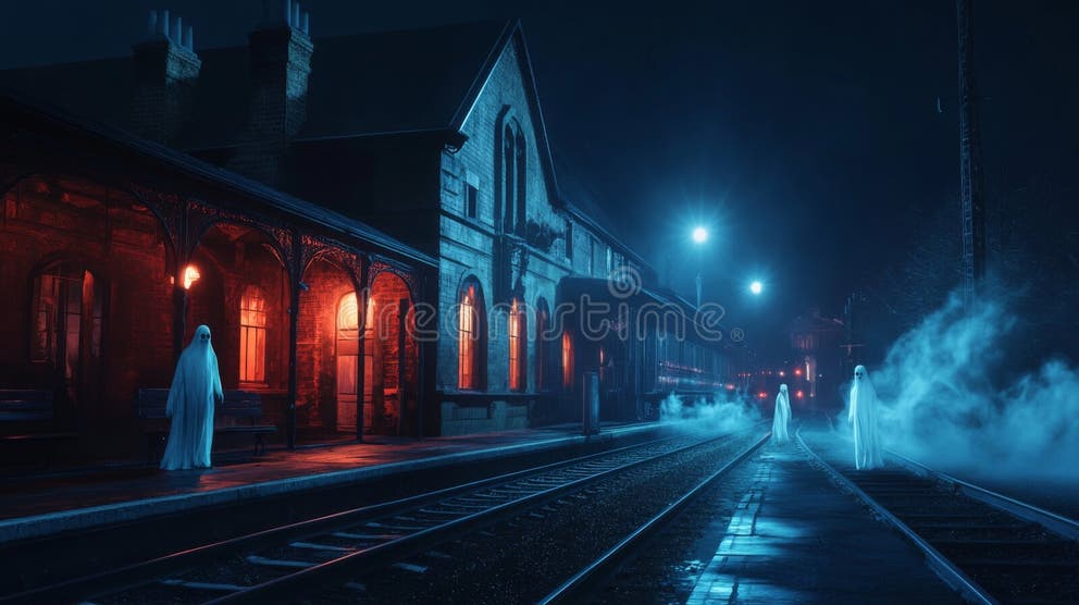 Two Ghosts Standing on Train Tracks at Night Stock Illustration ...
