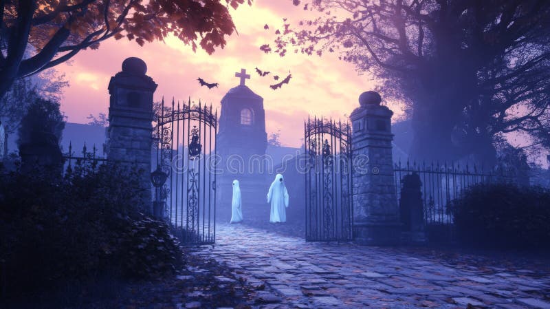 Two Ghosts Walking through a Gate at Dusk Stock Illustration ...