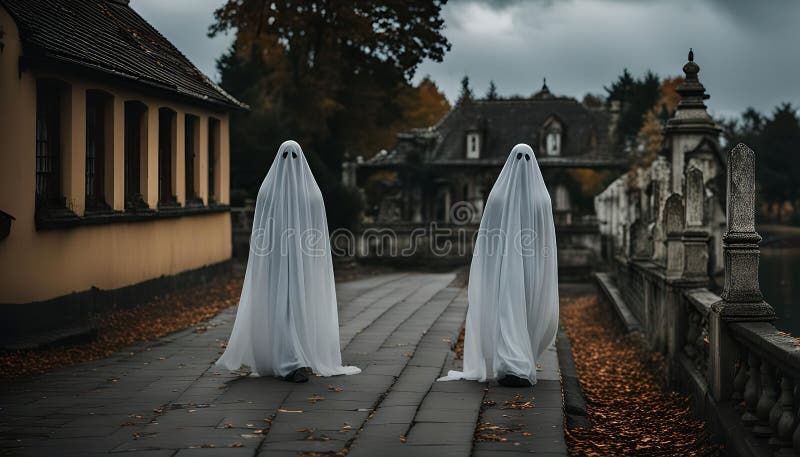 Two Ghosts Walking on a Stone Path Stock Illustration - Illustration of ...