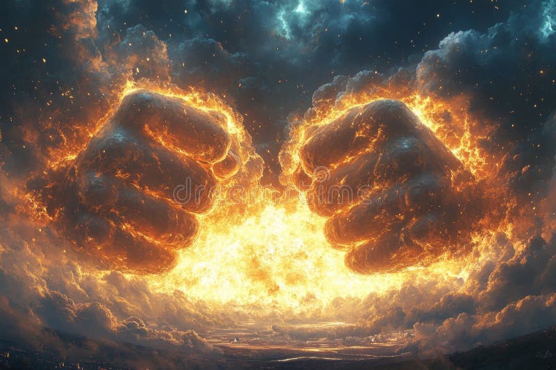 Two Giant Burning Fists Colliding in the Sky, Creating a Big Explosion ...
