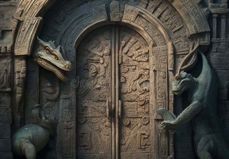 Two Giant Guard a Hidden Door of a Ancient Palace. Stock Illustration ...