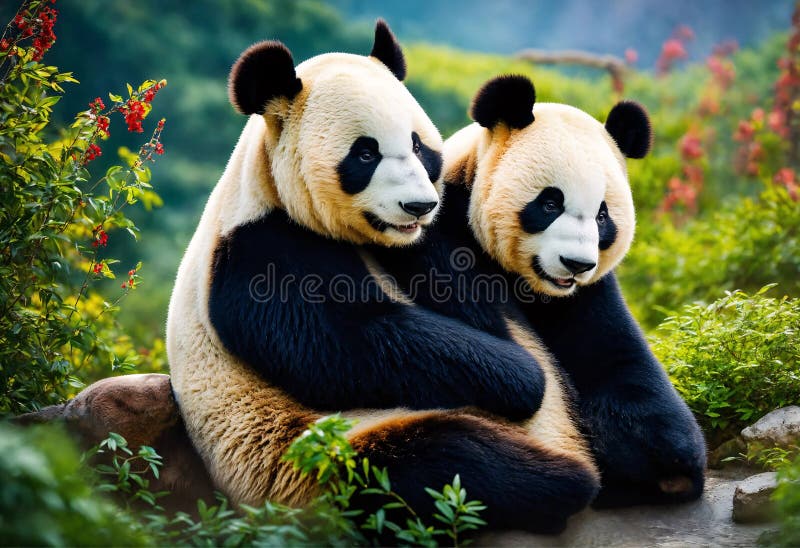 Two Giant Panda Bear Cub Sitting in a Greenery of Spring Meadow Stock ...