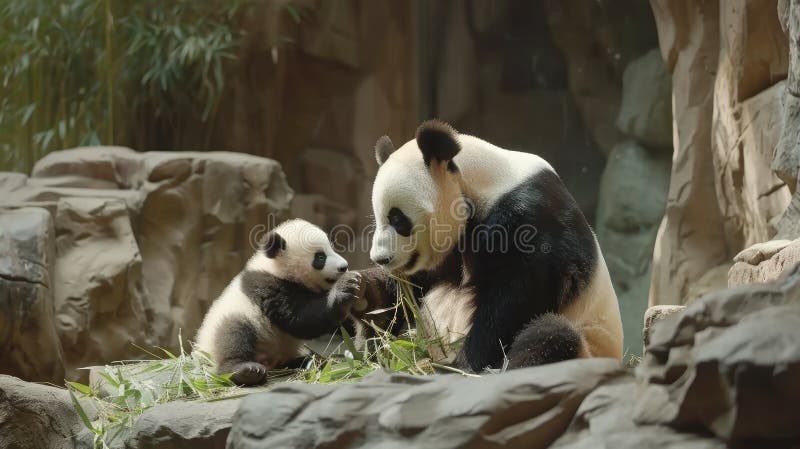 Two Giant Pandas Sit on the Forest Floor, Happily Munching on Bamboo ...
