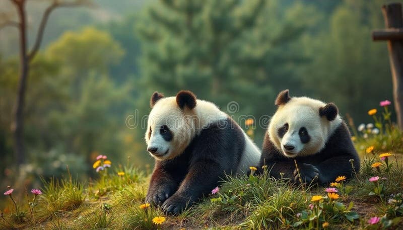 Two Giant Pandas Sitting Together in a Grassy Forested Environment ...