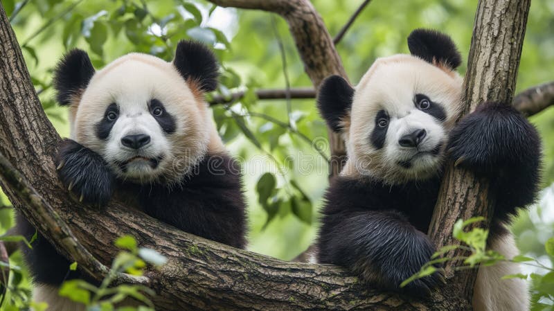 Two giant pandas in a tree stock image. Image of special - 305738893