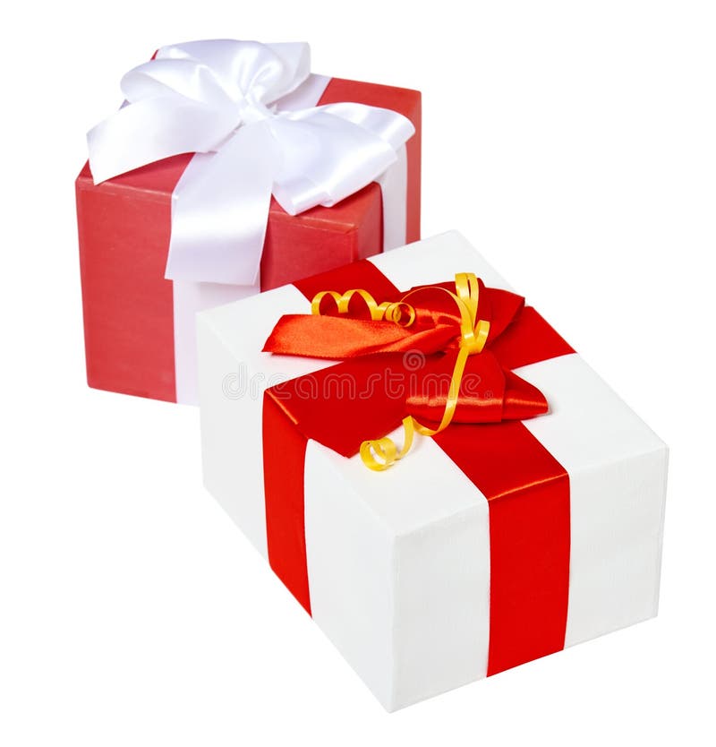 Two Gift Box Decorated Silk Red Ribbon and Bow, Object on White Studio ...