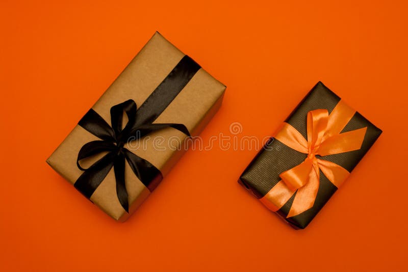 Two Gift Boxes of Rectangular Shape, Lie on Orange Background. Sale ...