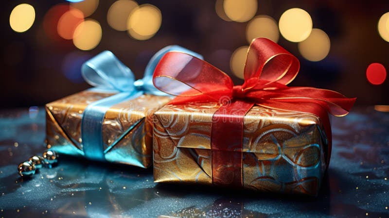 Two Gift Boxes with Red and Blue Ribbons on a Table Stock Illustration ...