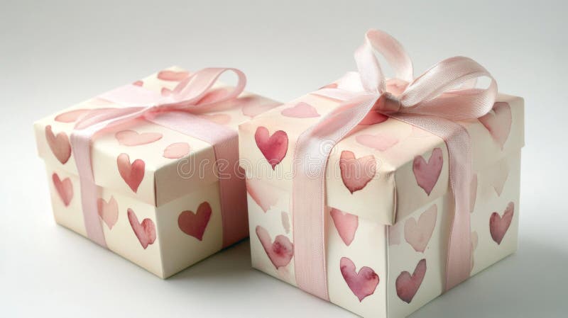 Two Gift Boxes with Watercolor Hearts and Pink Ribbons Stock ...