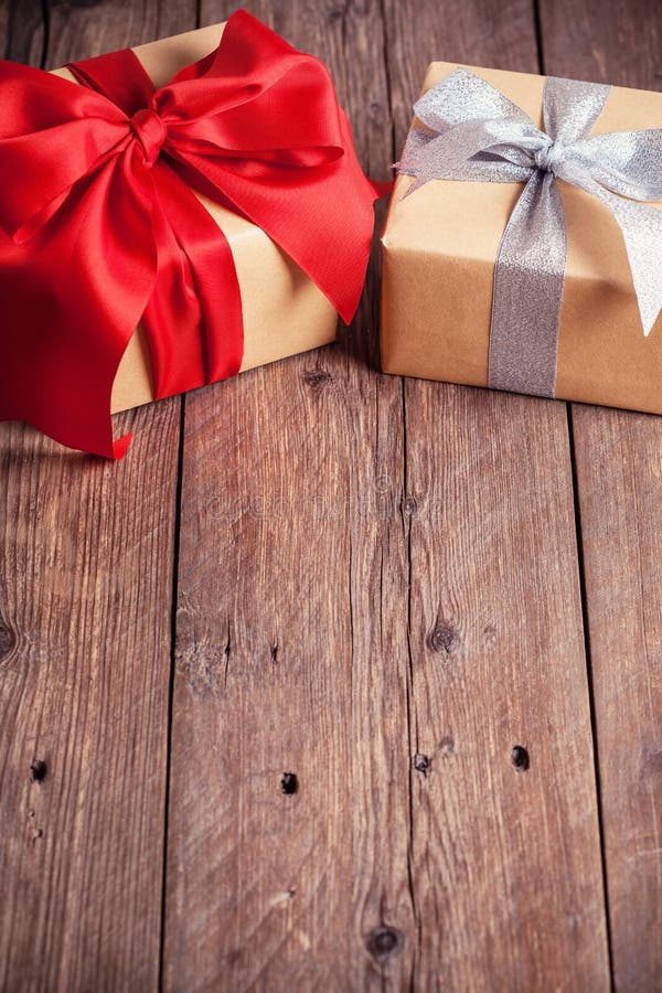 Gift Boxes on Wood Background, Holiday Cardboard Presents Stock Photo ...