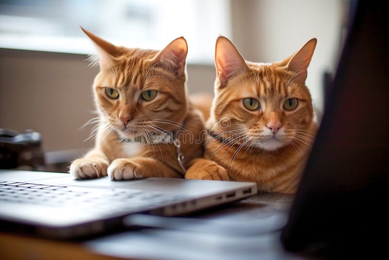 Two Ginger Cats are Lying on the Table with a Laptop and Looking at the ...