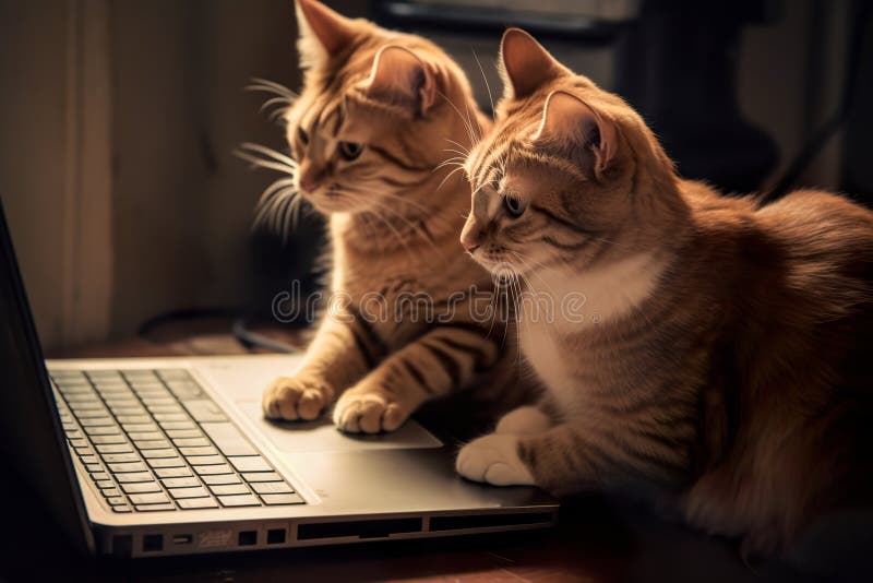 Two Ginger Cats are Lying on the Table with a Laptop and Looking at the ...