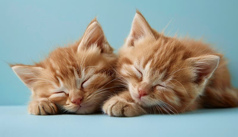 Two Ginger Kittens Napping Together on a Blue Surface Stock Image ...