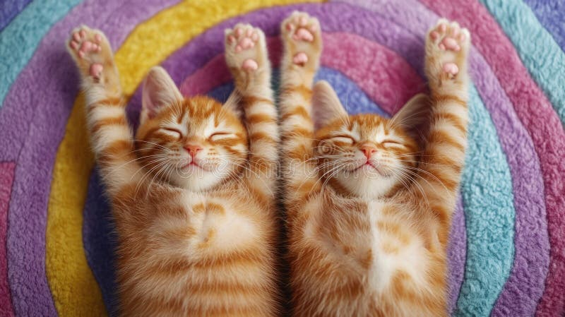 Two Ginger Kittens Sleeping Peacefully on Colorful Blanket with Paws Up Stock Photo - Image of ...