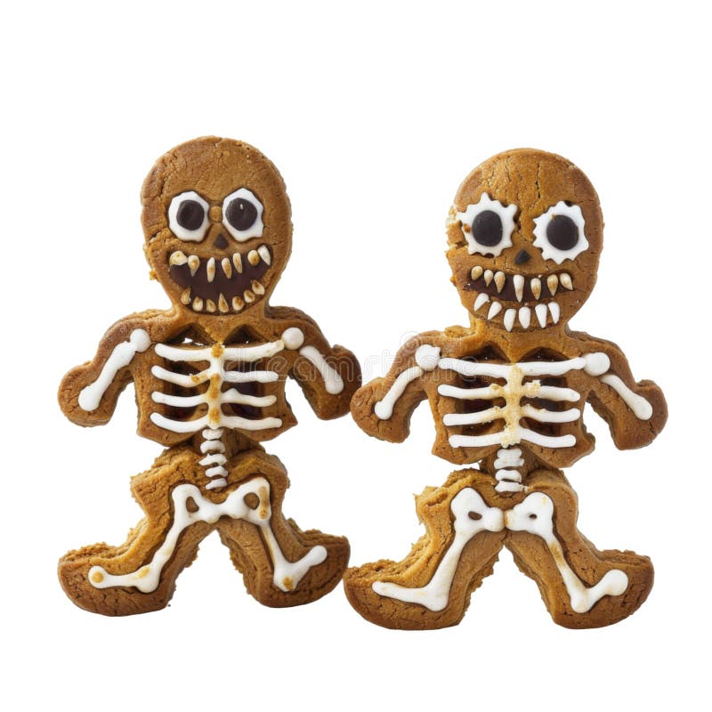 Two Gingerbread Skeleton Cookies with White Icing and Chocolate Eyes ...