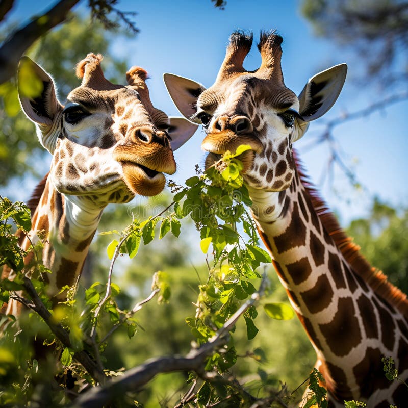 Two Giraffes Eating Leaves from a Tree. AI Generated. Stock Image ...