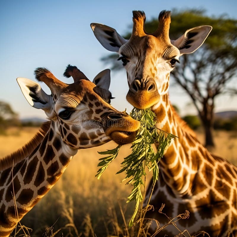 Two Giraffes Eating Leaves from a Tree. AI Generated. Stock Image ...